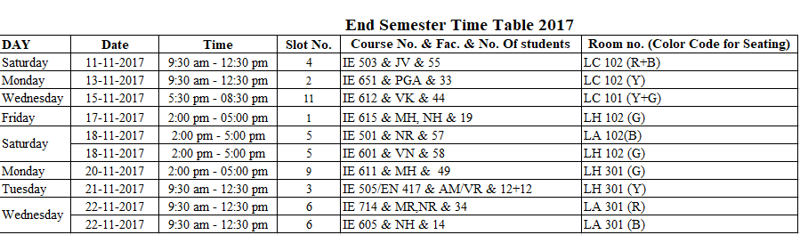 END SEM EXAM TIMETABLE | IEOR @ IIT Bombay